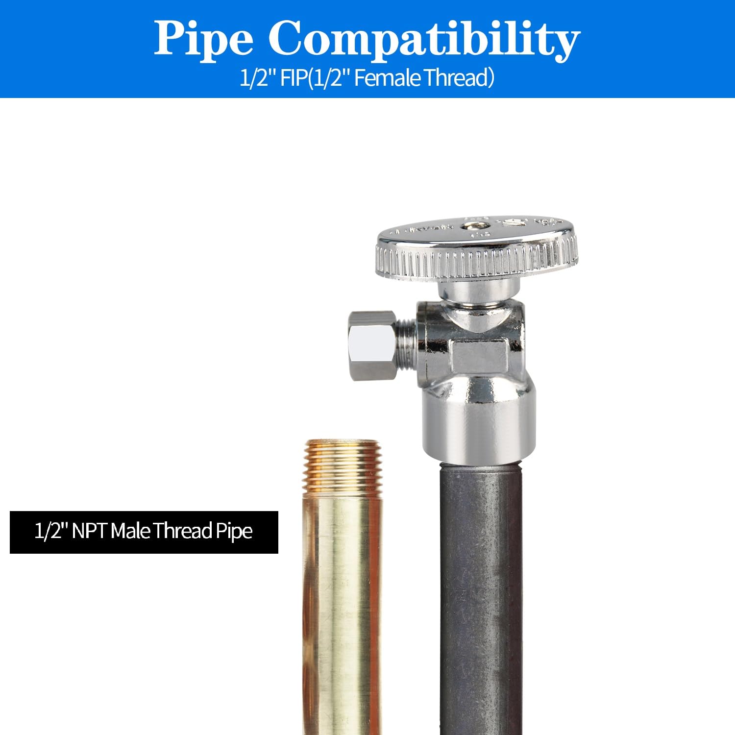Stop Valves, 1/2" × 3/8" Angle Stop Valve, 1/2" FIP Angle Input, 3/8" OD Compression Output, 1/4 Turn, Chrome Plated Brass for Kitchen, Faucet, Toilet Valves