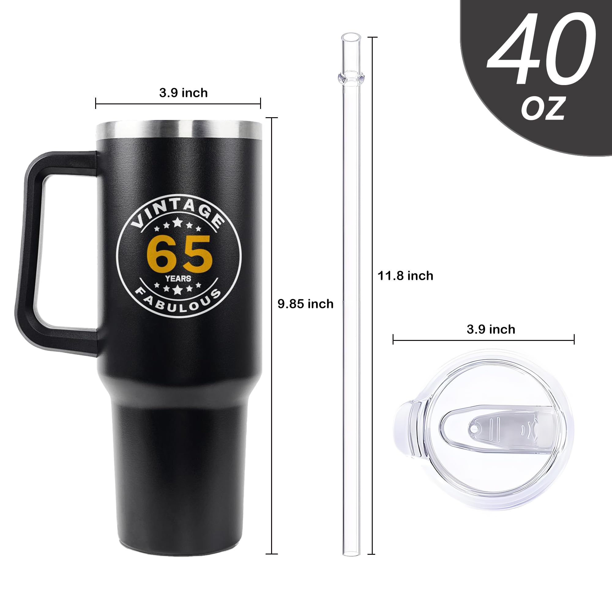 Qeenking 65th Birthday Gifts for Him Her - Birthday Tumbler for Women Men Dad Mom - 40 OZ Stainless Steel Cup Travel Mug Water Bottle with Handle and Straw - The Best Birthday Gift Ideas