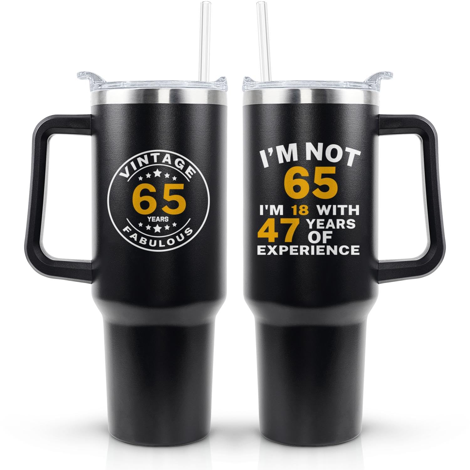 Qeenking 65th Birthday Gifts for Him Her - Birthday Tumbler for Women Men Dad Mom - 40 OZ Stainless Steel Cup Travel Mug Water Bottle with Handle and Straw - The Best Birthday Gift Ideas