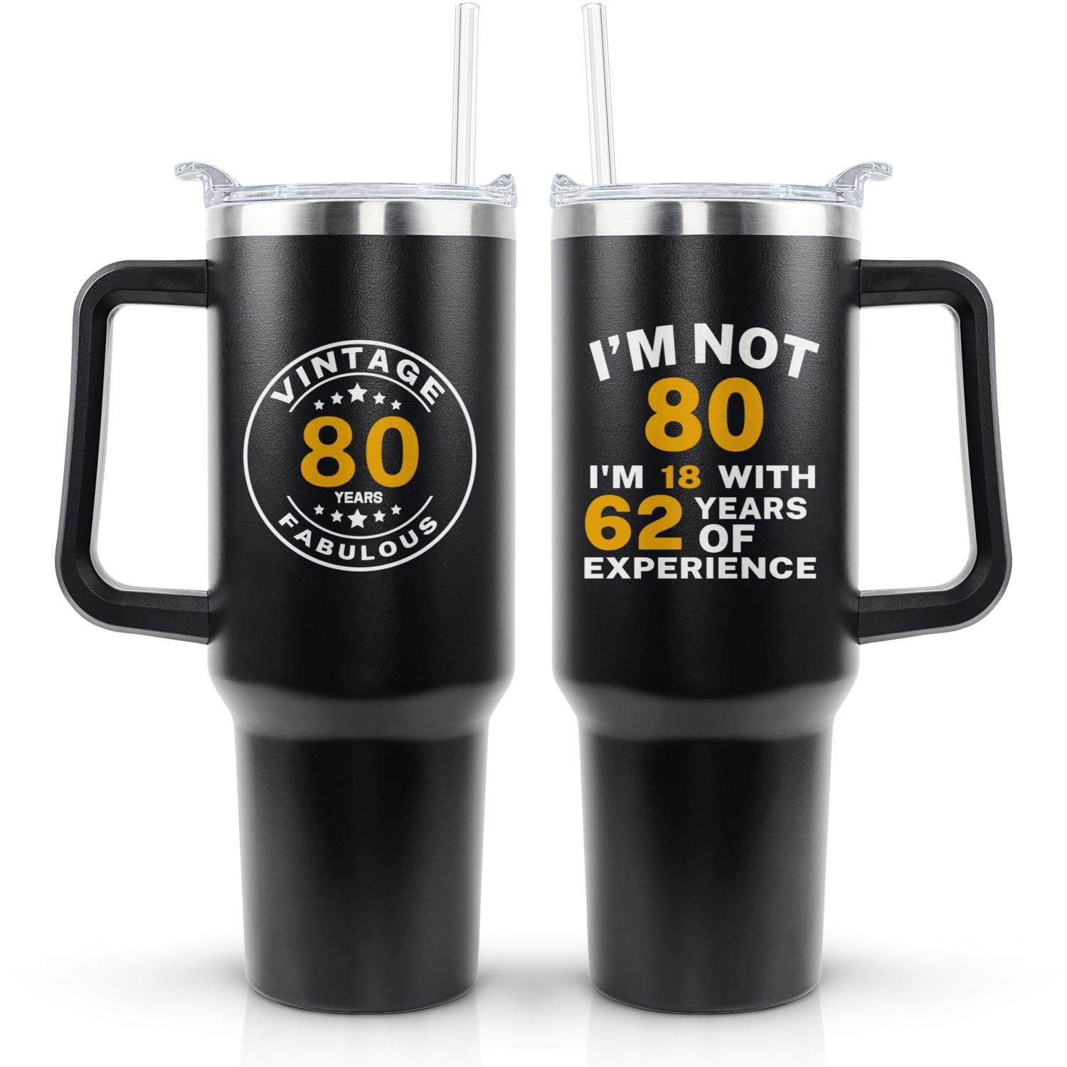 Qeenking 80th Birthday Gifts for Him Her - Birthday Tumbler for Women Men Dad Mom - 40 OZ Stainless Steel Cup Travel Mug Water Bottle with Handle and Straw - The Best Birthday Gift Ideas