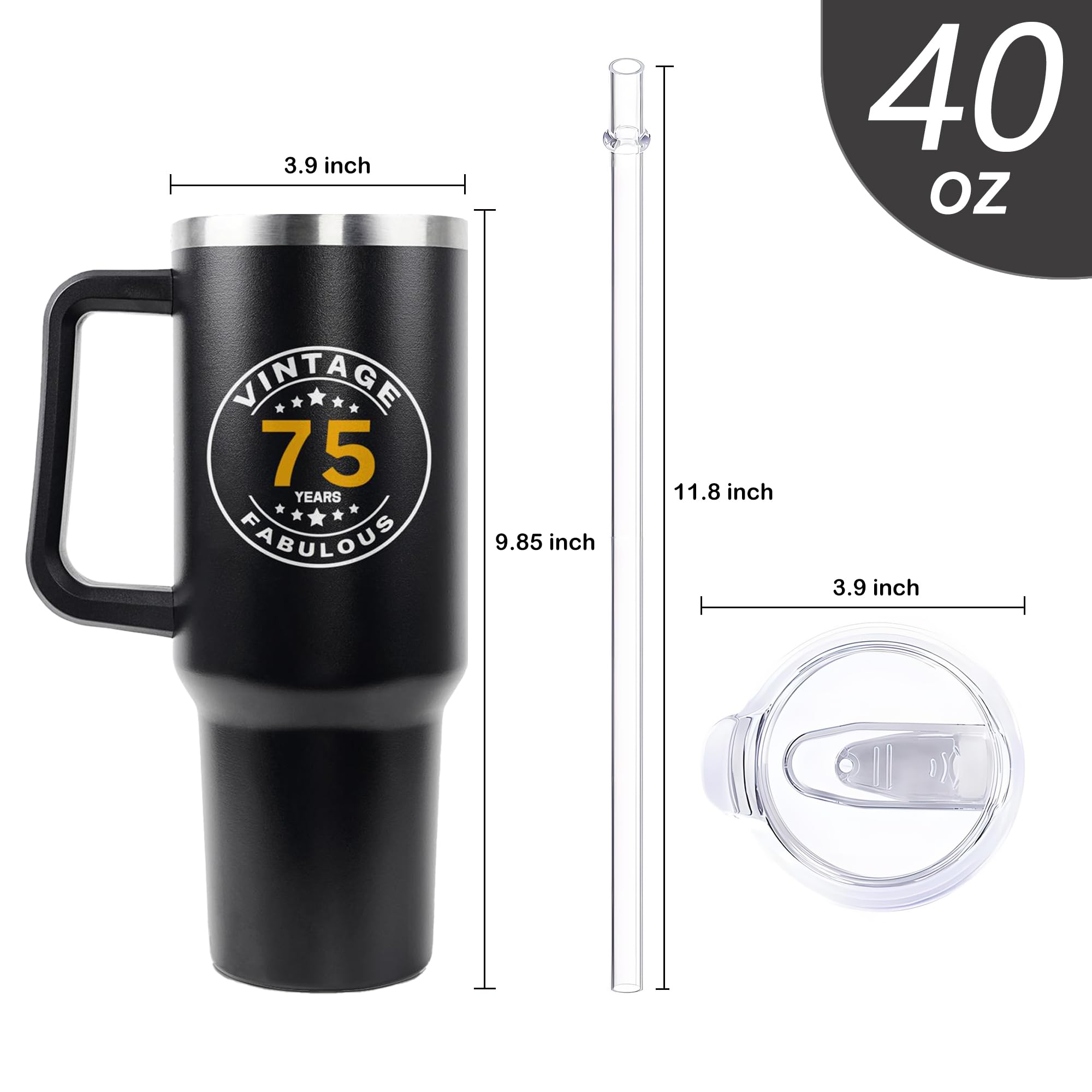 Qeenking 75th Birthday Tumbler - 40 OZ Stainless Steel Travel Mug with Handle and Straw - The Best Birthday Gift Ideas
