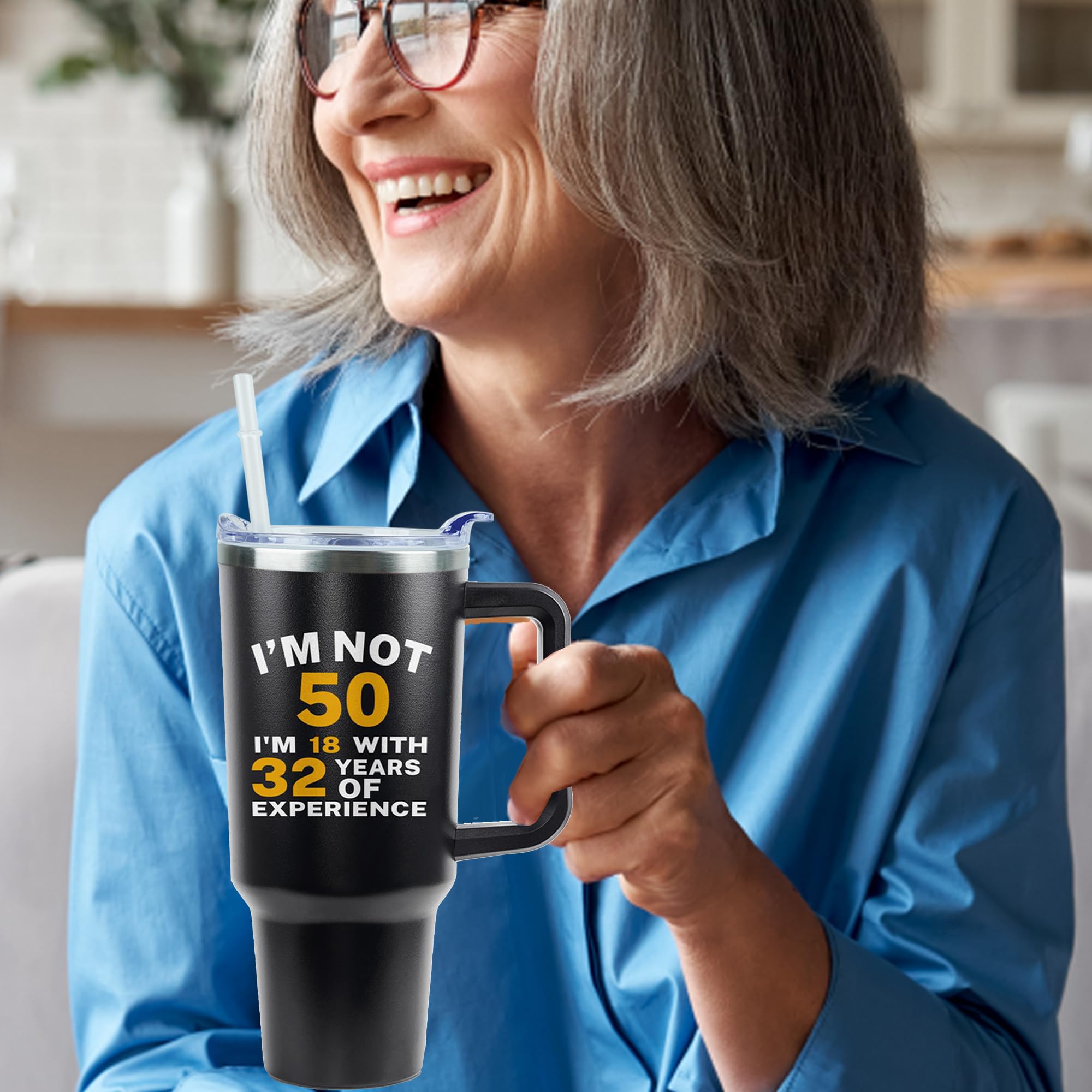 Qeenking 50th Birthday Tumbler - 40 OZ Stainless Steel Travel Mug with Handle and Straw - Keeps Drinks Cold/Hot for 12/6 Hours - The for Him/Her