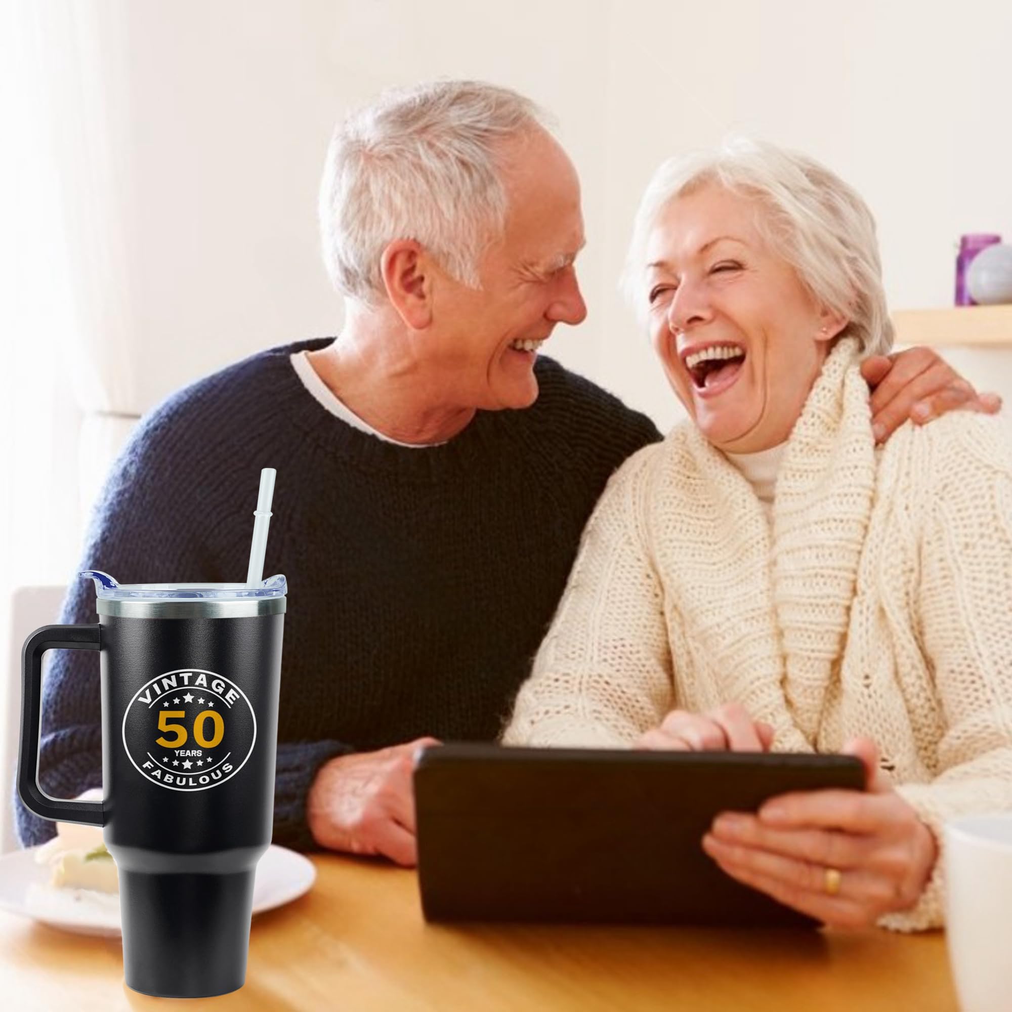 Qeenking 50th Birthday Tumbler - 40 OZ Stainless Steel Travel Mug with Handle and Straw - Keeps Drinks Cold/Hot for 12/6 Hours - The for Him/Her