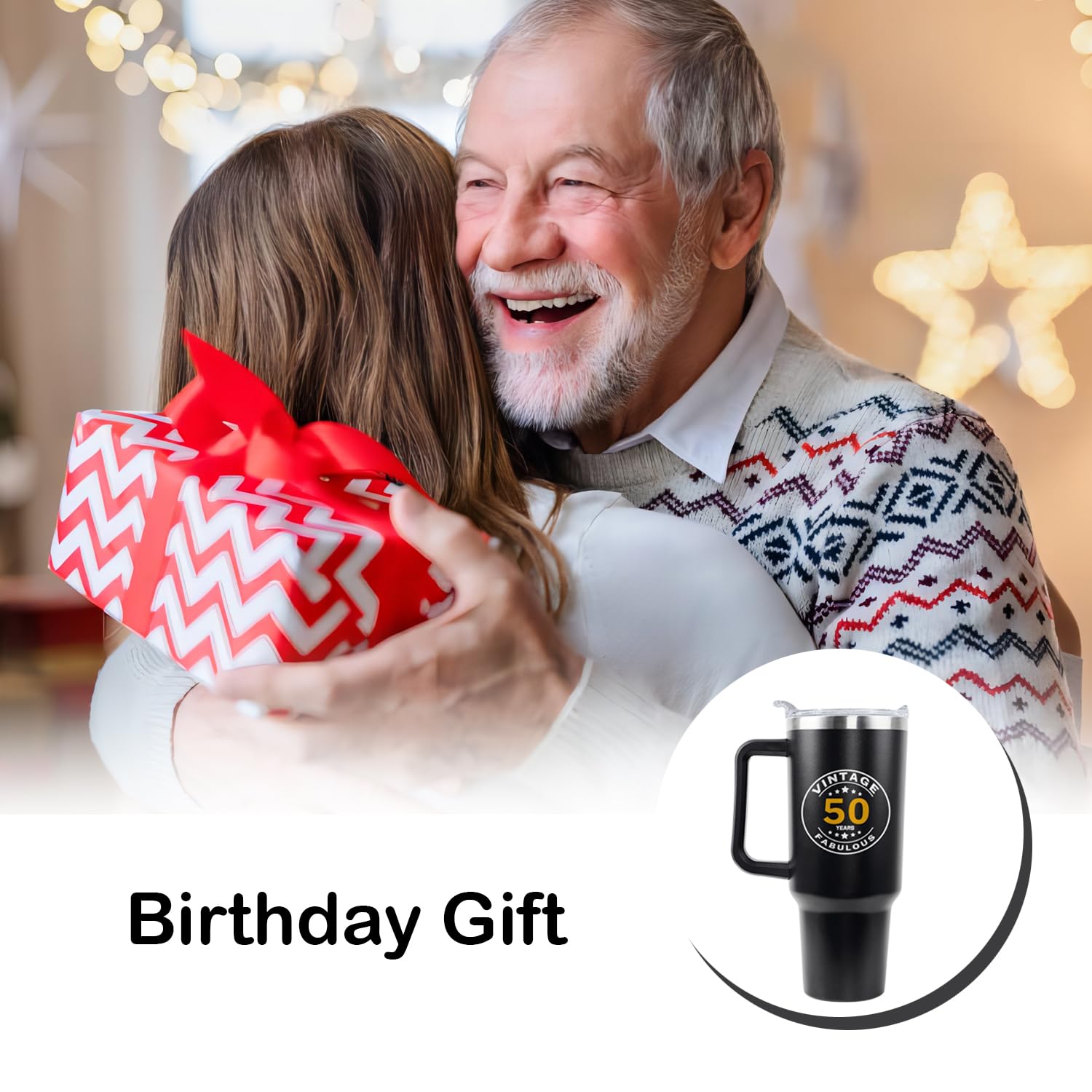 Qeenking 50th Birthday Tumbler - 40 OZ Stainless Steel Travel Mug with Handle and Straw - Keeps Drinks Cold/Hot for 12/6 Hours - The for Him/Her