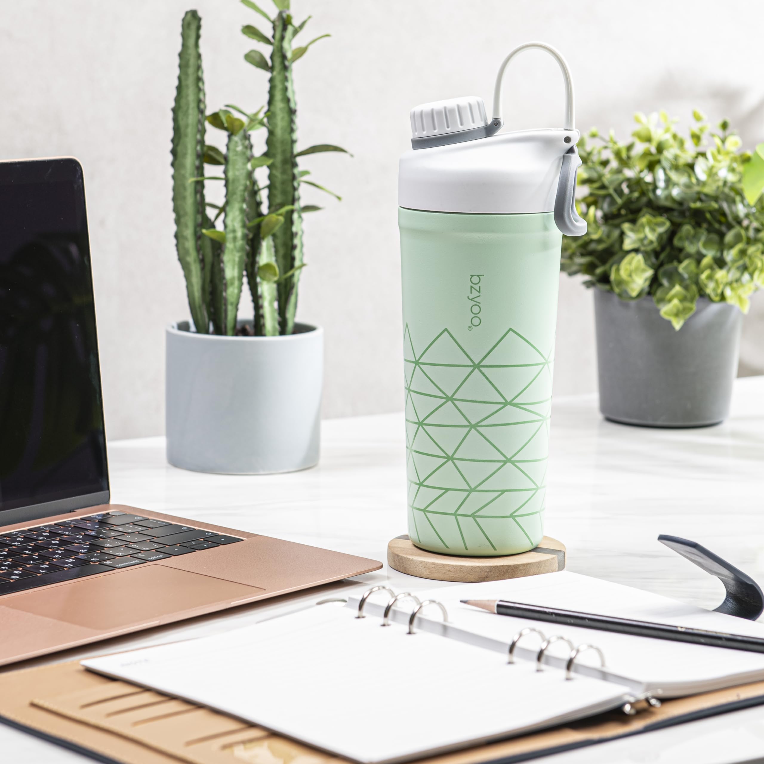 bzyoo 26oz Double-Walled Stainless Steel Insulated Tumbler with Straw Leak Proof Ideal for Smoothies, Ice Tea or Coffee Includes Mixer Ball BPA Free - Spidy Green
