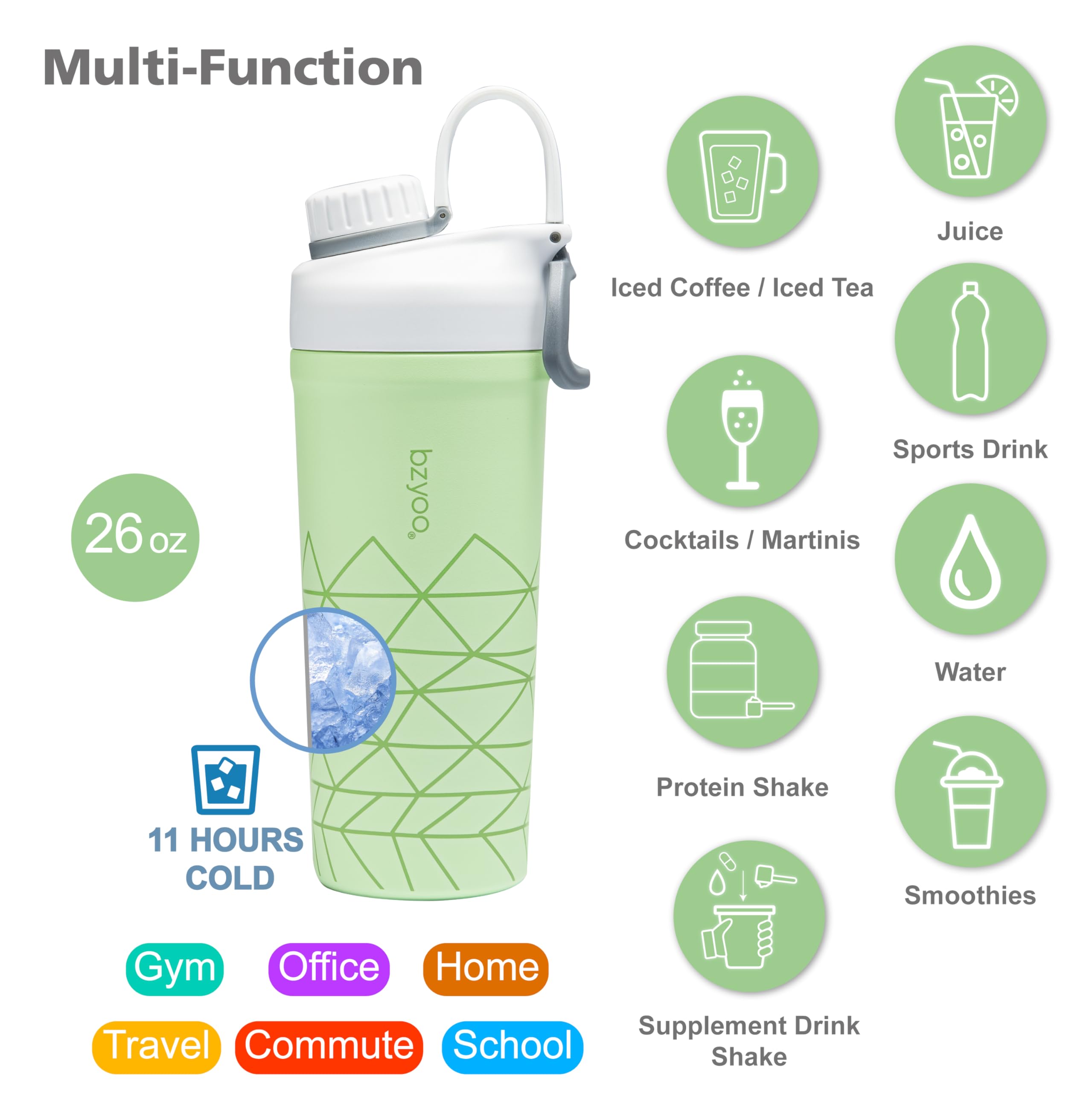 bzyoo 26oz Double-Walled Stainless Steel Insulated Tumbler with Straw Leak Proof Ideal for Smoothies, Ice Tea or Coffee Includes Mixer Ball BPA Free - Spidy Green