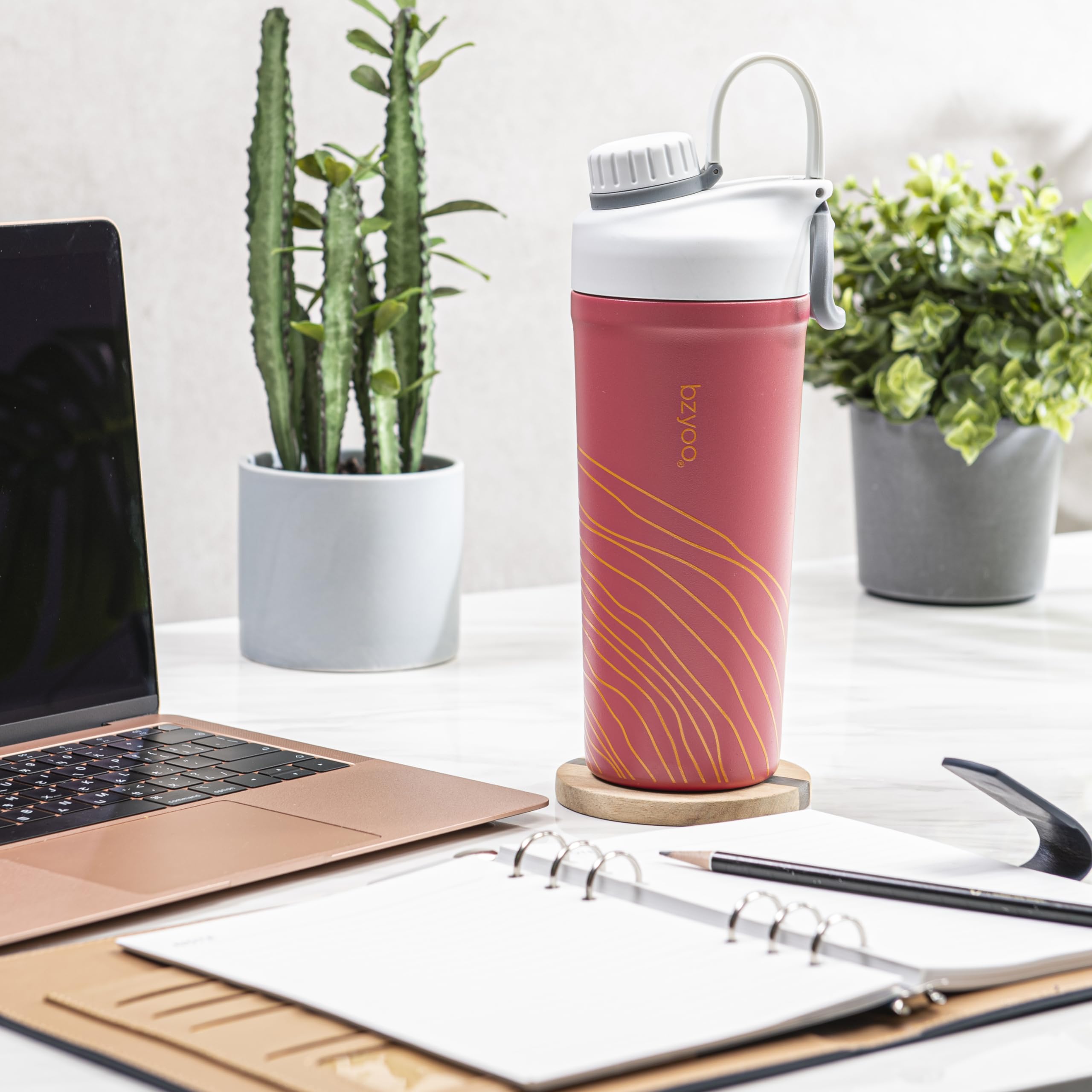 bzyoo 26oz Double-Walled Stainless Steel Insulated Tumbler with Straw Leak Proof Ideal for Smoothies, Ice Tea or Coffee Includes Mixer Ball BPA Free - Organica Red