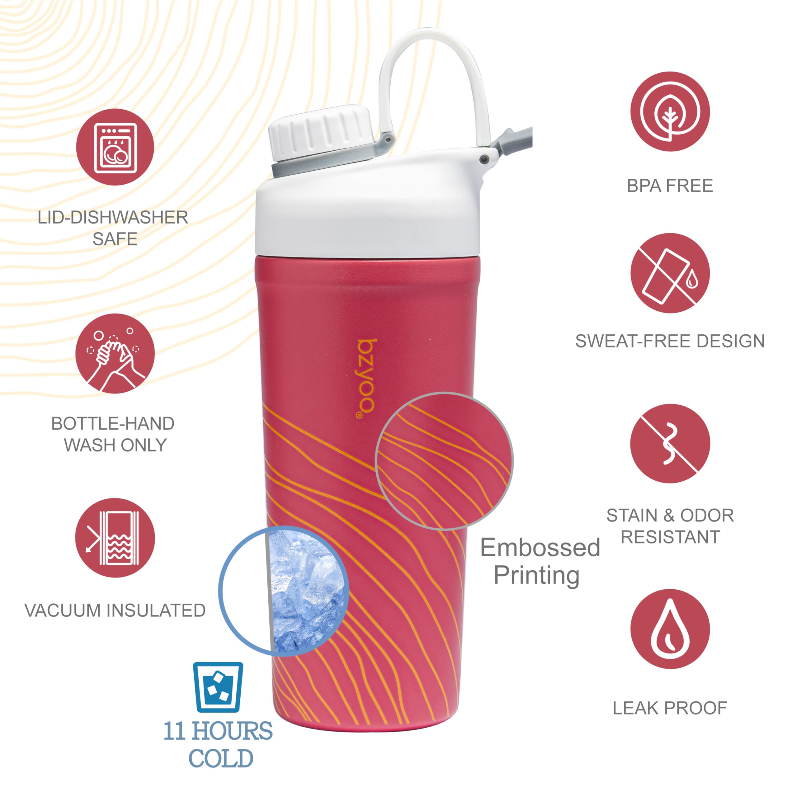 bzyoo 26oz Double-Walled Stainless Steel Insulated Tumbler with Straw Leak Proof Ideal for Smoothies, Ice Tea or Coffee Includes Mixer Ball BPA Free - Organica Red