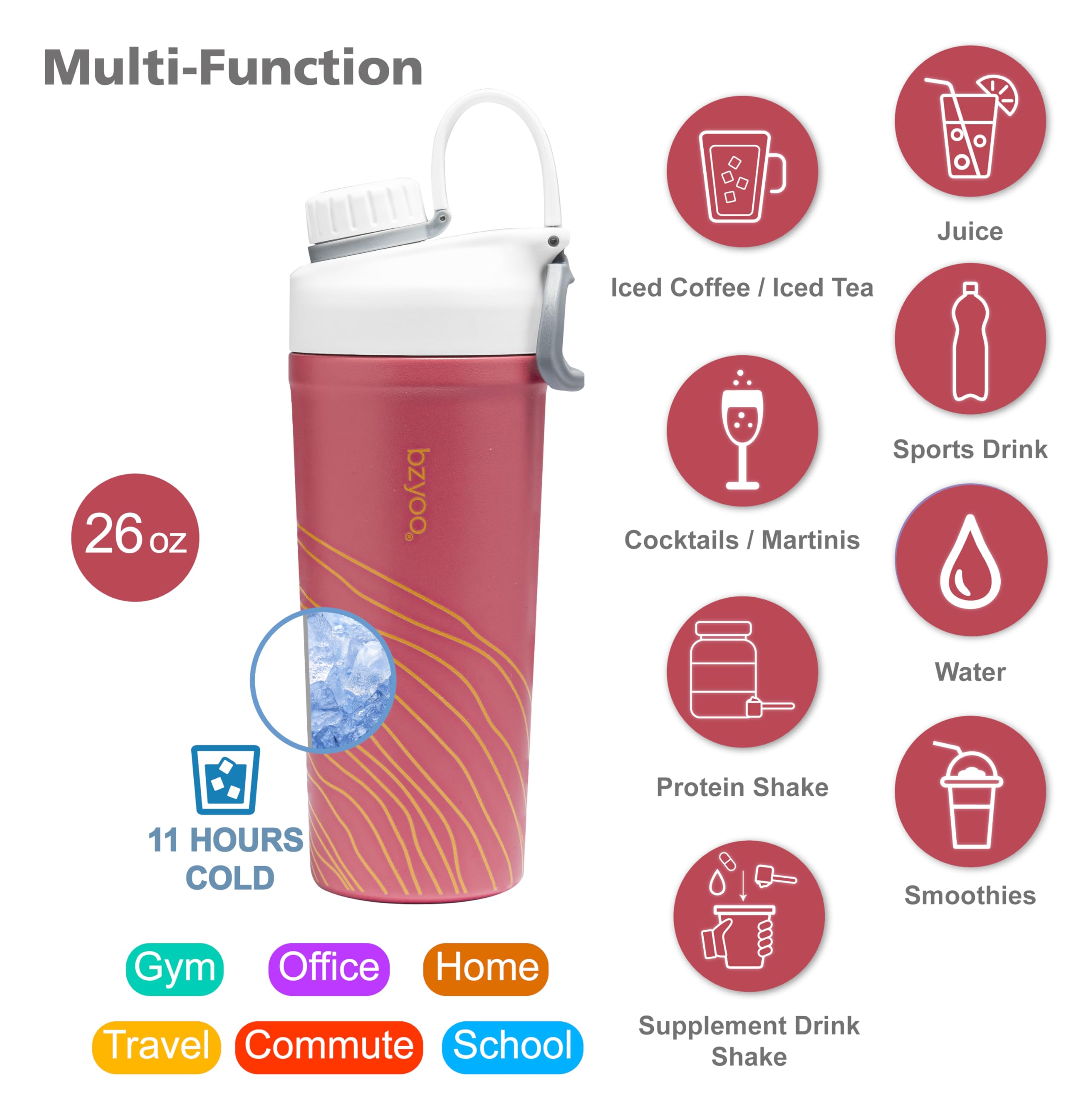 bzyoo 26oz Double-Walled Stainless Steel Insulated Tumbler with Straw Leak Proof Ideal for Smoothies, Ice Tea or Coffee Includes Mixer Ball BPA Free - Organica Red