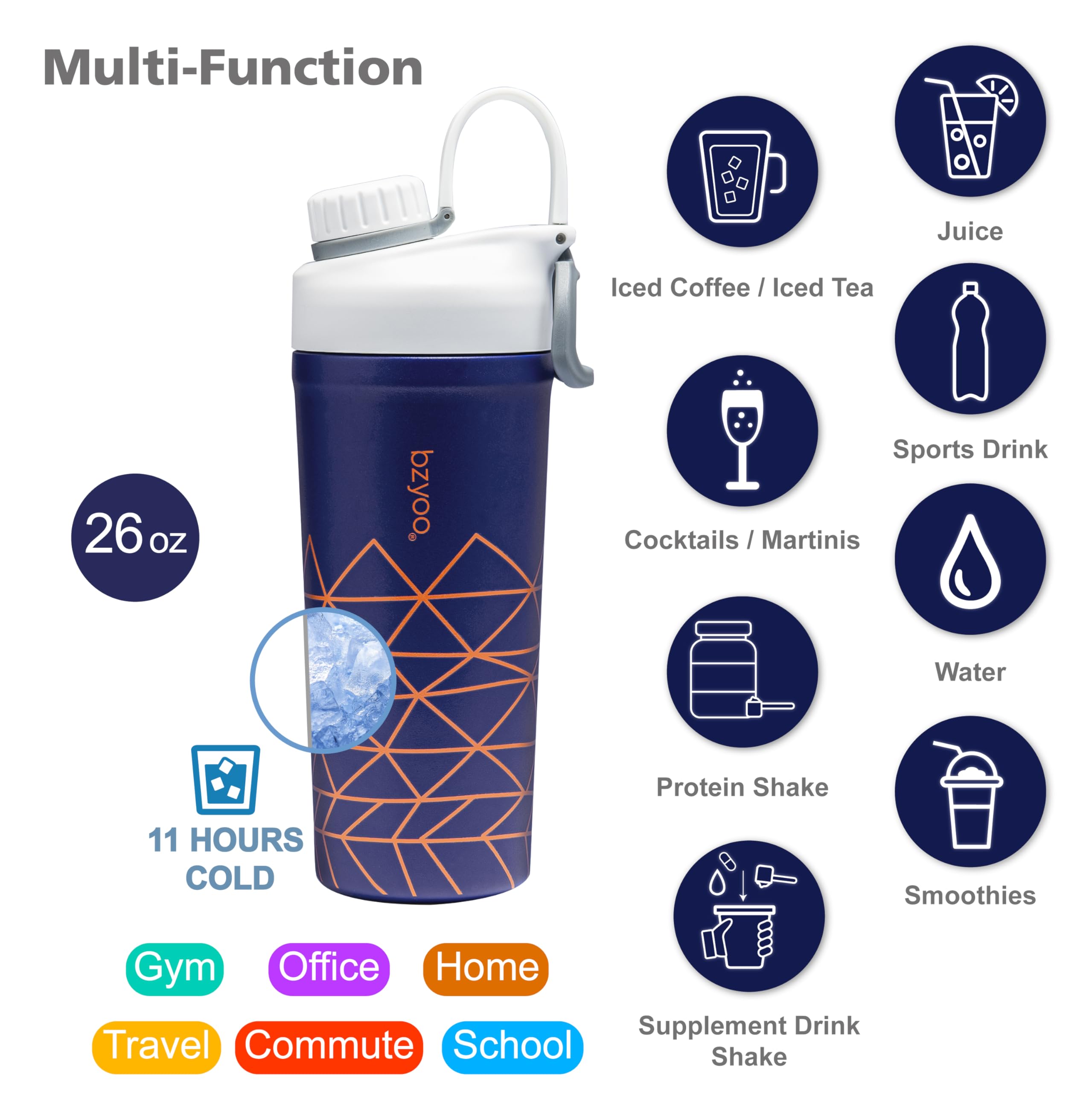 bzyoo 26oz Double-Walled Stainless Steel Insulated Tumbler with Straw Leak Proof Ideal for Smoothies, Ice Tea or Coffee Includes Mixer Ball BPA Free - Spidy Blue