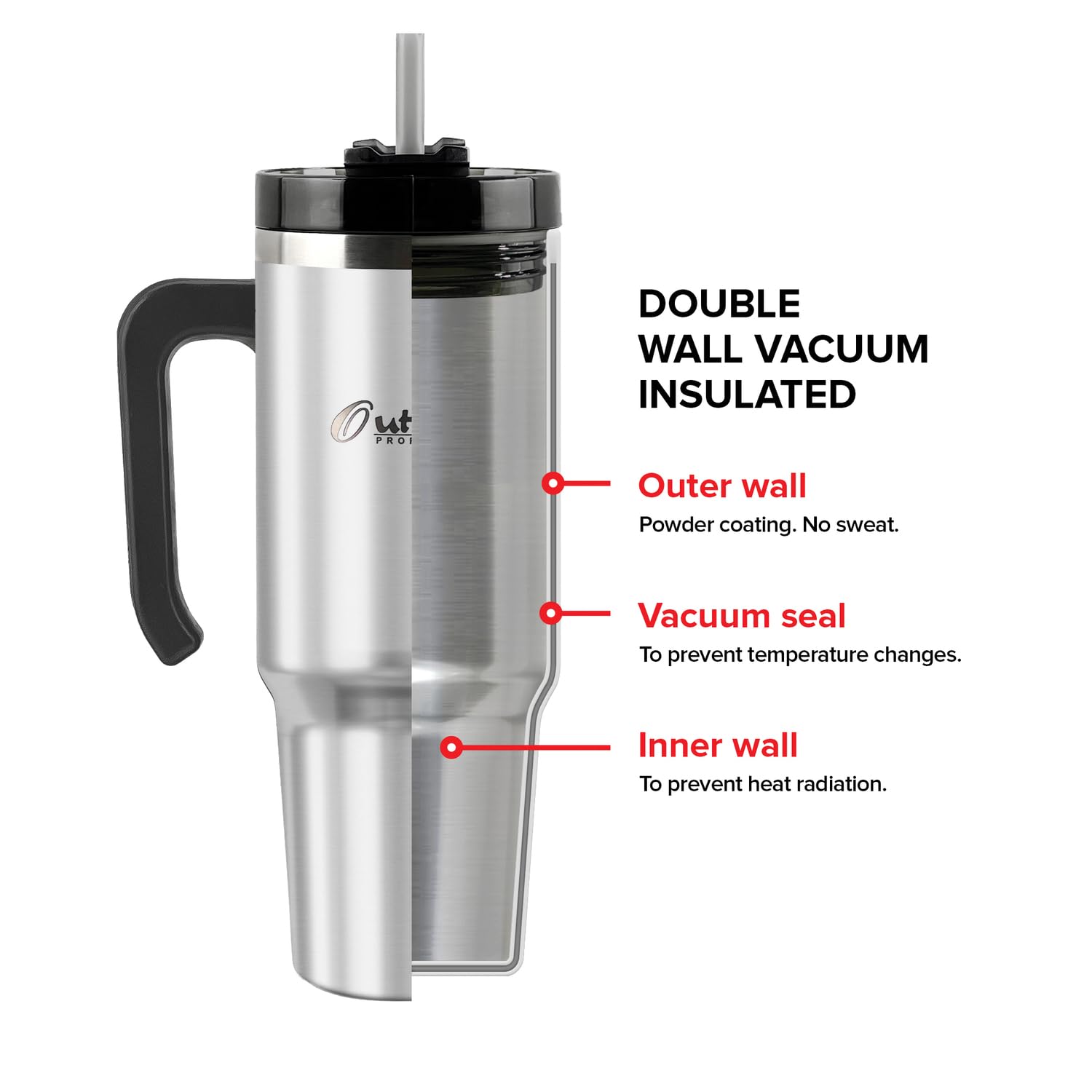 OUTDOORS PROFESSIONAL OUTD9034 30-Oz. Stainless Steel Double-Walled Insulated Tumbler with Straw (Stainless Steel)
