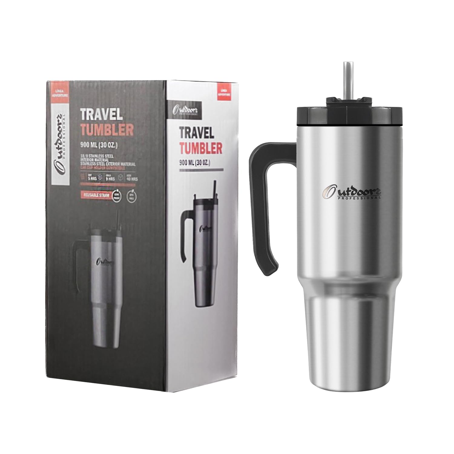 OUTDOORS PROFESSIONAL OUTD9034 30-Oz. Stainless Steel Double-Walled Insulated Tumbler with Straw (Stainless Steel)