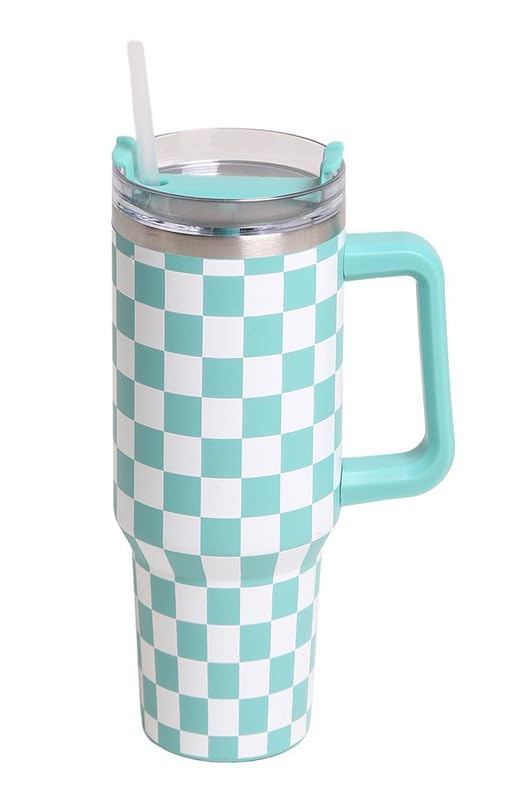 Generic Checkered 40oz Stainless Steel Tumbler with Handle and Straw Lid | Vacuum Insulated Leak Proof Tumbler | Stainless Steel Travel Mug Water Bottle Cup Keeps Cold & Hot (SkyBlue)