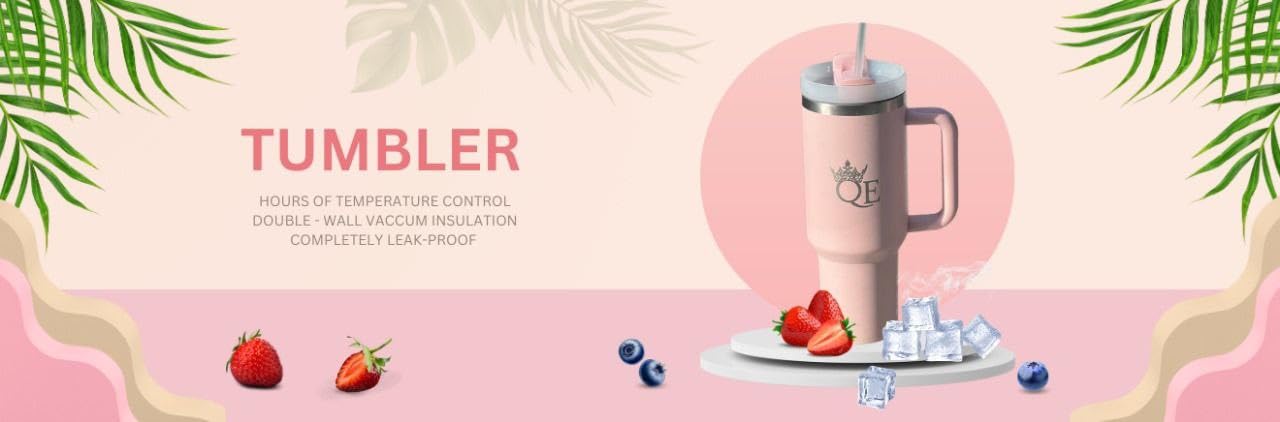 Queen Evelyn (QE) Travel Mug Quencher H2.0 FlowState Stainless Steel Vacuum Insulated Tumbler with Lid, Straw and Handle for Water, Iced Tea or Hot Coffee -Roze Quartz 40 Oz