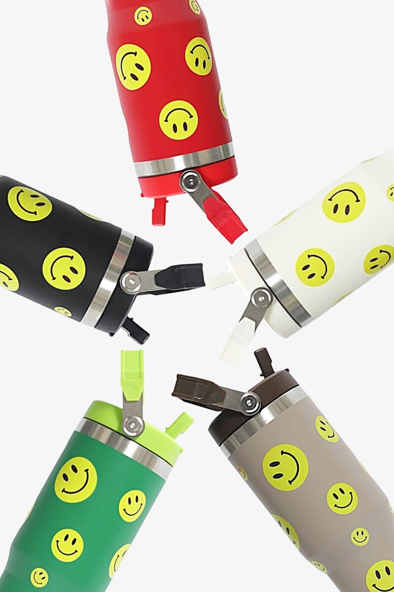 30 oz Tumbler with Handle and Flip Straw, Stainless Steel Vacuum Insulated Water Bottle Travel Mug Thermal Cup Smiley Red