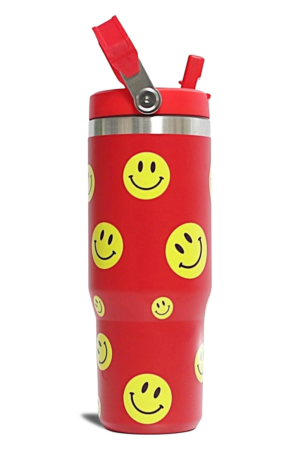 30 oz Tumbler with Handle and Flip Straw, Stainless Steel Vacuum Insulated Water Bottle Travel Mug Thermal Cup Smiley Red