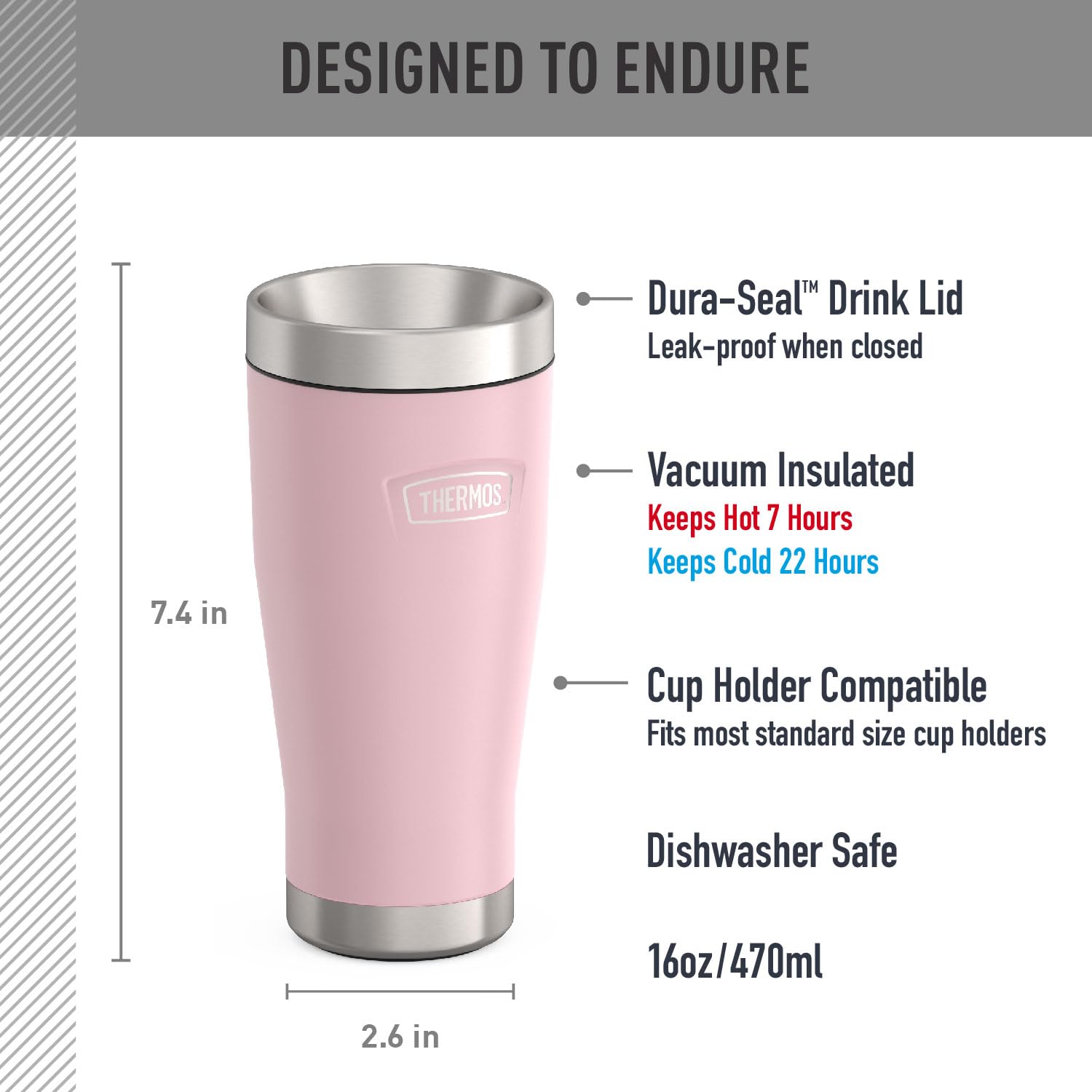 THERMOS ICON SERIES, Stainless Steel Tumbler, Sunset Pink, 16 oz
