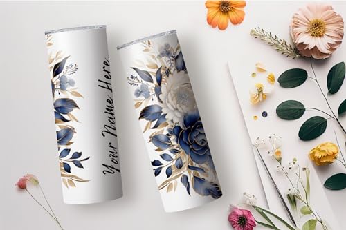 Personalized Flowered Skinny Tumbler 20Oz, Stainless Steel with lid, Straw, Brush and Non-Slip Base. Keep Drinks Hot or Cold. Use like Water Bottle, Coffee Mug, Travel Mug, Wine Cup. (Navy Blue)