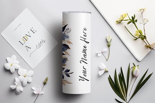 Personalized Flowered Skinny Tumbler 20Oz, Stainless Steel with lid, Straw, Brush and Non-Slip Base. Keep Drinks Hot or Cold. Use like Water Bottle, Coffee Mug, Travel Mug, Wine Cup. (Navy Blue)