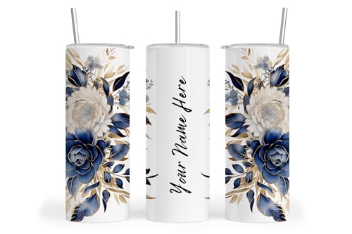 Personalized Flowered Skinny Tumbler 20Oz, Stainless Steel with lid, Straw, Brush and Non-Slip Base. Keep Drinks Hot or Cold. Use like Water Bottle, Coffee Mug, Travel Mug, Wine Cup. (Navy Blue)