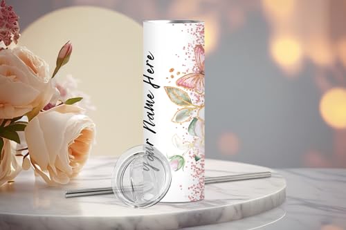 Personalized Flowered Skinny Tumbler 20Oz, Stainless Steel with lid, Straw, Brush and Non-Slip Base. Keep Drinks Hot or Cold. Use like Water Bottle, Coffee Mug, Travel Mug, Wine Cup. (Glitter Pink)