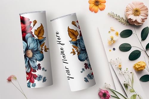 Personalized Flowered Skinny Tumbler 20Oz, Stainless Steel with lid, Straw, Brush and Non-Slip Base. Keep Drinks Hot or Cold. Use like Water Bottle, Coffee Mug, Travel Mug, Wine Cup. (Blue and Red)