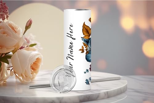 Personalized Flowered Skinny Tumbler 20Oz, Stainless Steel with lid, Straw, Brush and Non-Slip Base. Keep Drinks Hot or Cold. Use like Water Bottle, Coffee Mug, Travel Mug, Wine Cup. (Blue and Red)