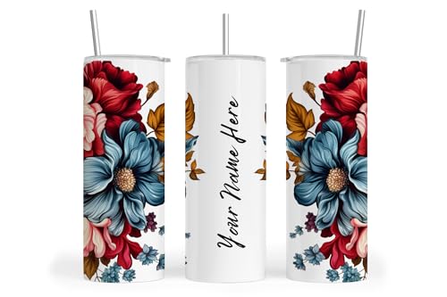 Personalized Flowered Skinny Tumbler 20Oz, Stainless Steel with lid, Straw, Brush and Non-Slip Base. Keep Drinks Hot or Cold. Use like Water Bottle, Coffee Mug, Travel Mug, Wine Cup. (Blue and Red)