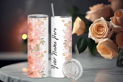 Personalized Flowered Skinny Tumbler 20Oz, Stainless Steel with lid, Straw, Brush and Non-Slip Base. Keep Drinks Hot or Cold. Use like Water Bottle, Coffee Mug, Travel Mug, Wine Cup. (Glitter Orange)