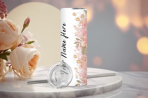 Personalized Flowered Skinny Tumbler 20Oz, Stainless Steel with lid, Straw, Brush and Non-Slip Base. Keep Drinks Hot or Cold. Use like Water Bottle, Coffee Mug, Travel Mug, Wine Cup. (Glitter Orange)