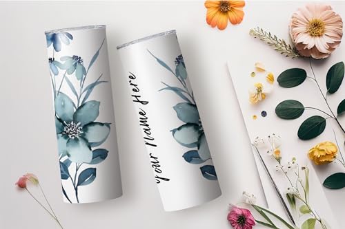 Personalized Flowered Skinny Tumbler 20Oz, Stainless Steel with lid, Straw, Brush and Non-Slip Base. Keep Drinks Hot or Cold. Use like Water Bottle, Coffee Mug, Travel Mug, Wine Cup. (Light Blue)