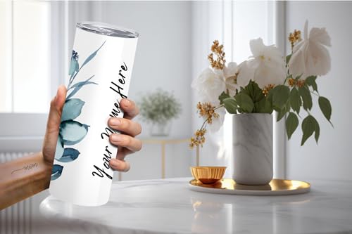 Personalized Flowered Skinny Tumbler 20Oz, Stainless Steel with lid, Straw, Brush and Non-Slip Base. Keep Drinks Hot or Cold. Use like Water Bottle, Coffee Mug, Travel Mug, Wine Cup. (Light Blue)