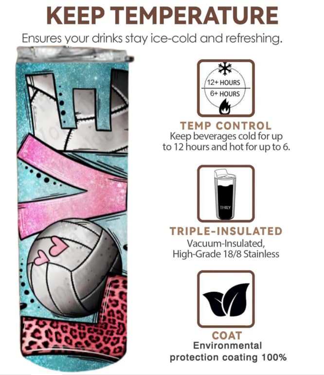 20 OZ Volleyball Iced Coffee Cup for Girls, Volleyball Tumbler Cup with Lid, Vaccum & Stainless Steel, Keep COLD Keep WARM