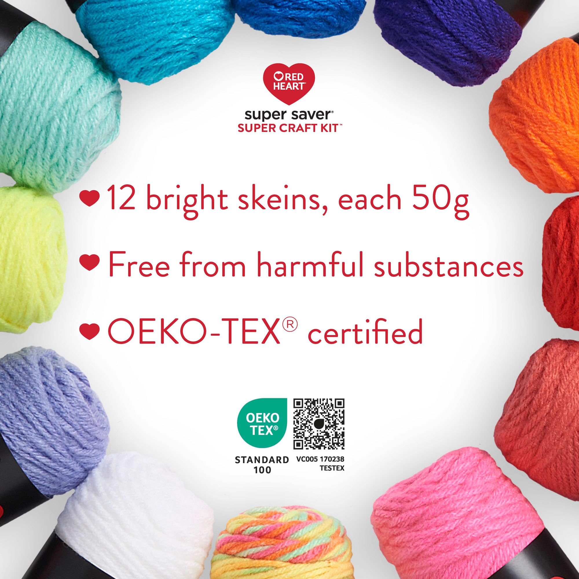 Red Heart Super Saver Yarn Super Craft Kit Brights, with 12 Pack of 50g/1.7 oz. 4 Medium Worsted Yarn for Knitting & Crocheting, 12 Colors, Perfect for Chunky Sweaters, Blankets, Amigurumi