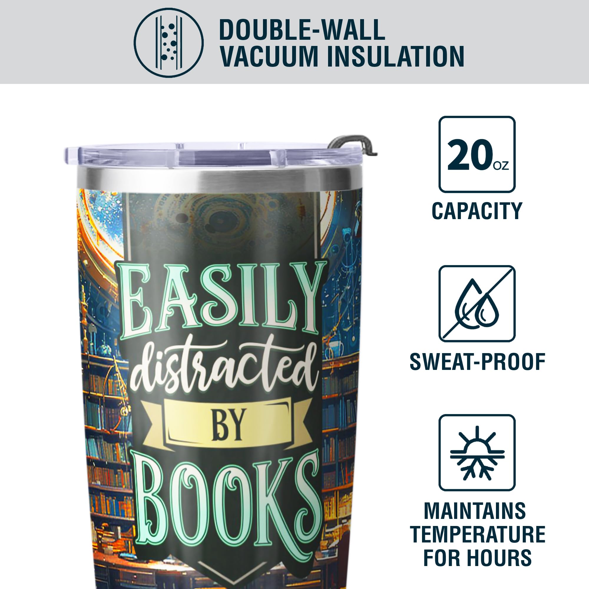 Bad Bananas Gifts for Book Lovers and Readers - 20oz Stainless Steel Tumbler - Easily Distracted By Books