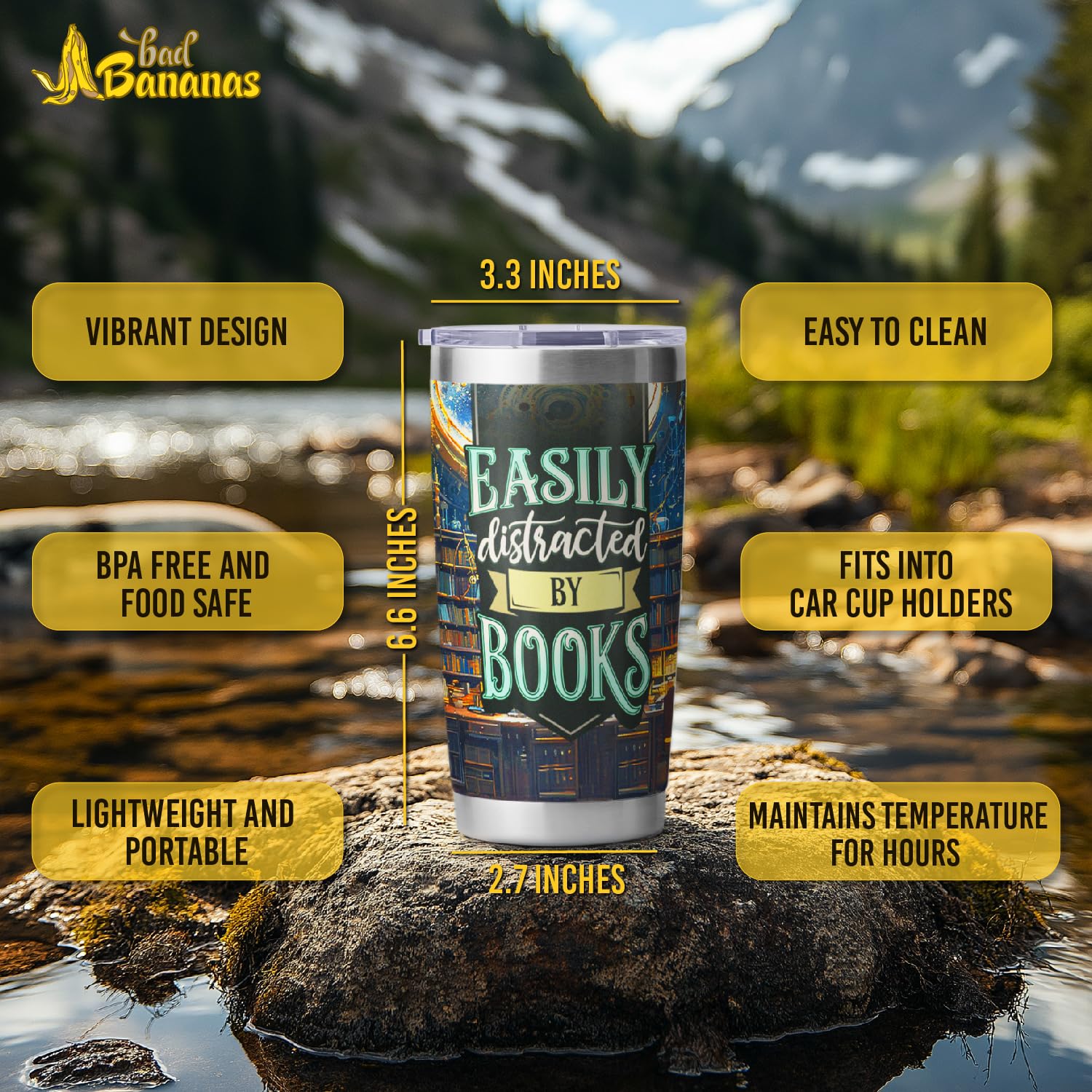 Bad Bananas Gifts for Book Lovers and Readers - 20oz Stainless Steel Tumbler - Easily Distracted By Books