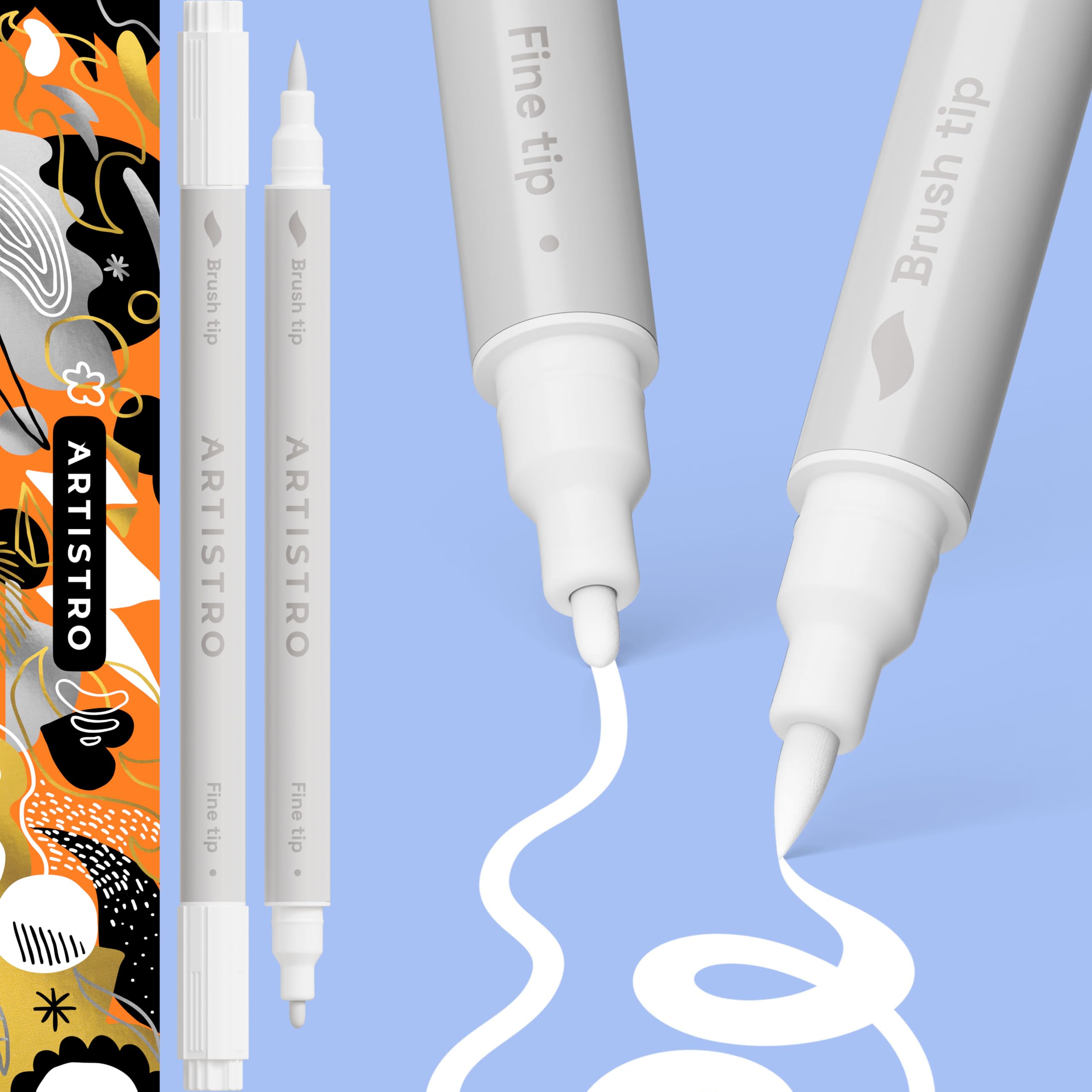 ARTISTRO 2 White Acrylic Paint Pens, Acrylic Paint Markers Dual Tip (Brush + Fine 1 mm), Acrylic Markers for Fabric, Canvas, Rock, Glass, Wood, Paper, DYI, Paint Markers for Kids and Adults