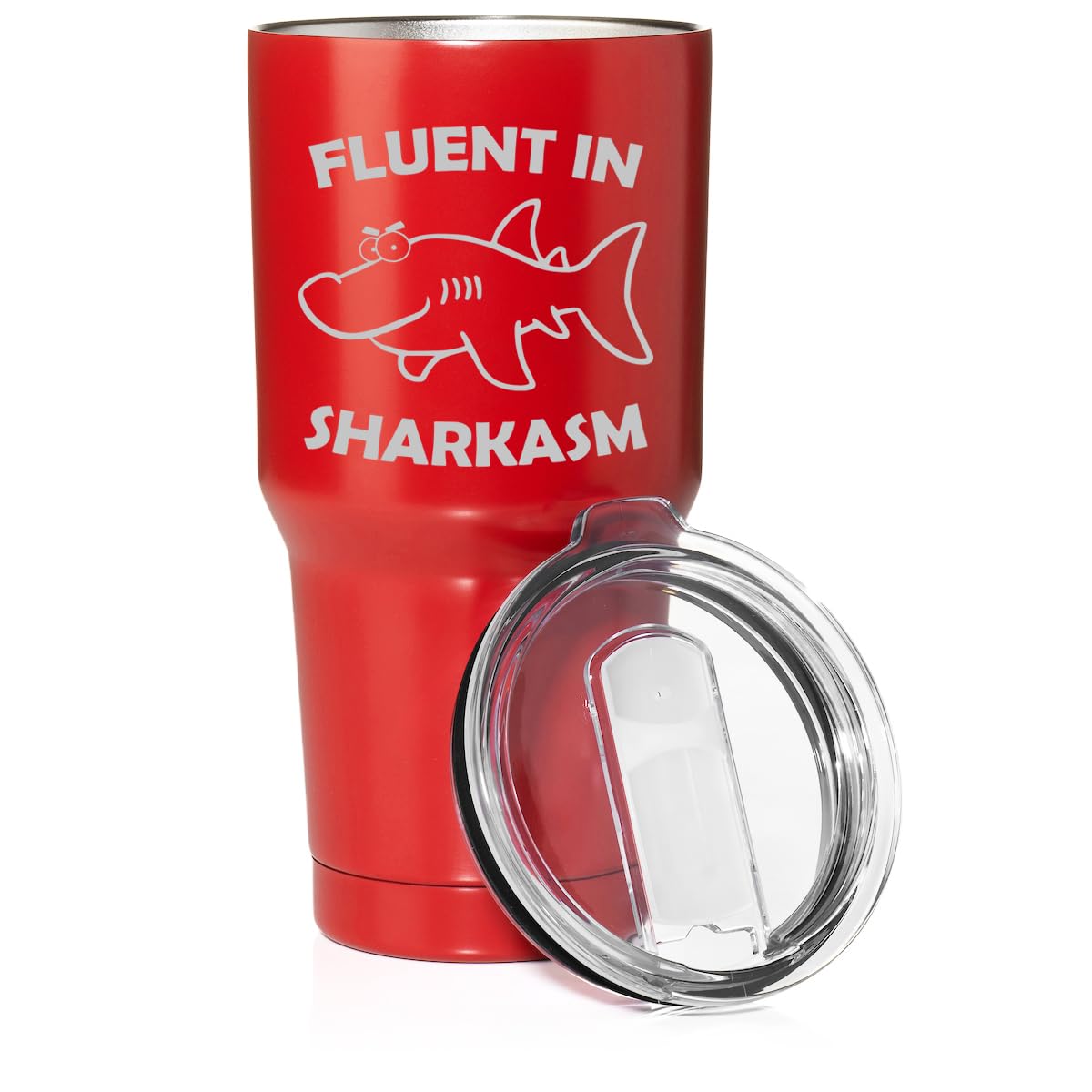 Smooth Body Tumbler Stainless Steel Vacuum Insulated Travel Mug Cup Gift Fluent In Sharkasm Funny Shark (Red, 30 oz)