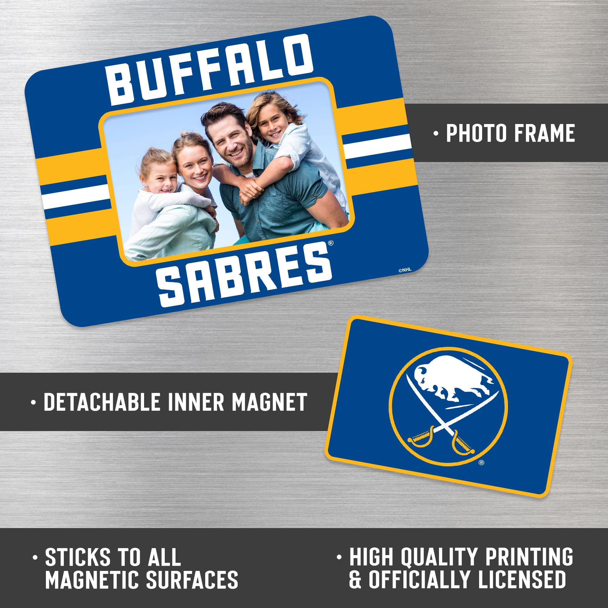 Rico Industries NHL Hockey Buffalo Sabres Stripes Magnetic Picture Frame (5"x6.75") & Magnet Combo Set - Home Décor - Regrigerator, Office, Kitchen