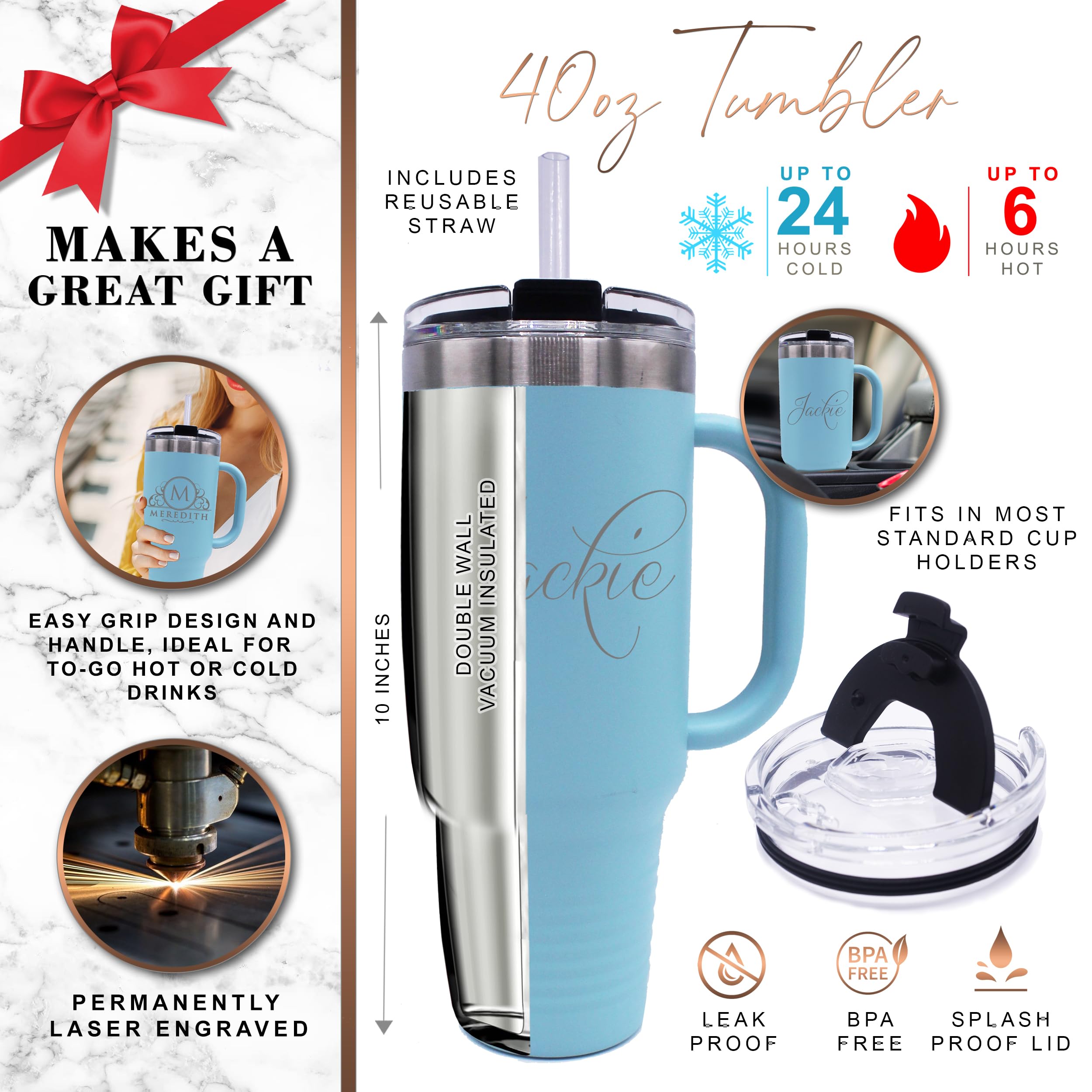 Custom Monogrammed 40 oz Tumbler with Handle, Lid and Straw - Personalized Insulated Stainless Steel Large Cup (Carolina Blue)