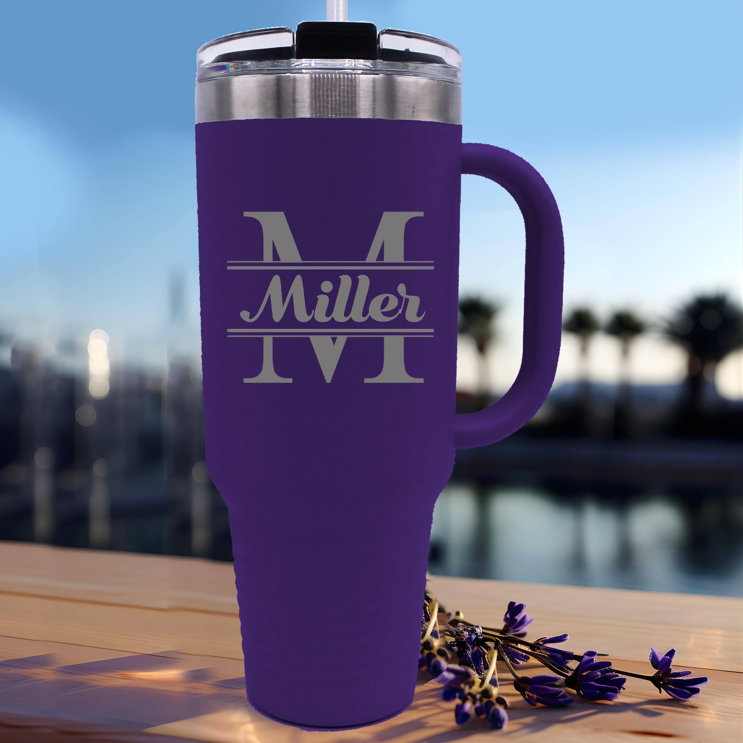 Custom Monogrammed 40 oz Tumbler with Handle, Lid and Straw - Personalized Insulated Stainless Steel Large Cup (Purple)