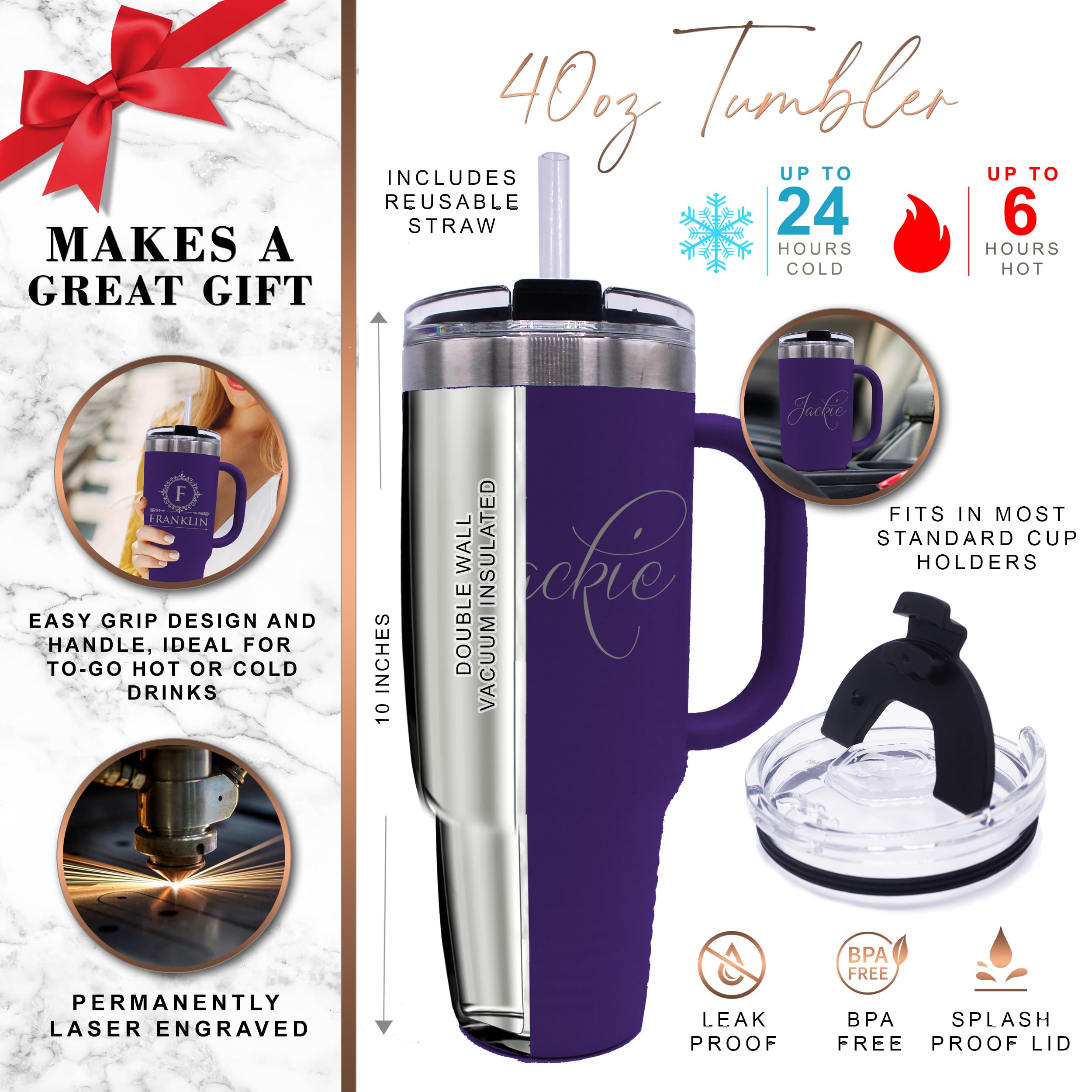 Custom Monogrammed 40 oz Tumbler with Handle, Lid and Straw - Personalized Insulated Stainless Steel Large Cup (Purple)
