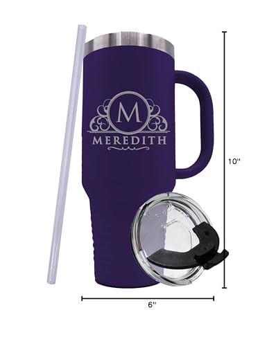 Custom Monogrammed 40 oz Tumbler with Handle, Lid and Straw - Personalized Insulated Stainless Steel Large Cup (Purple)
