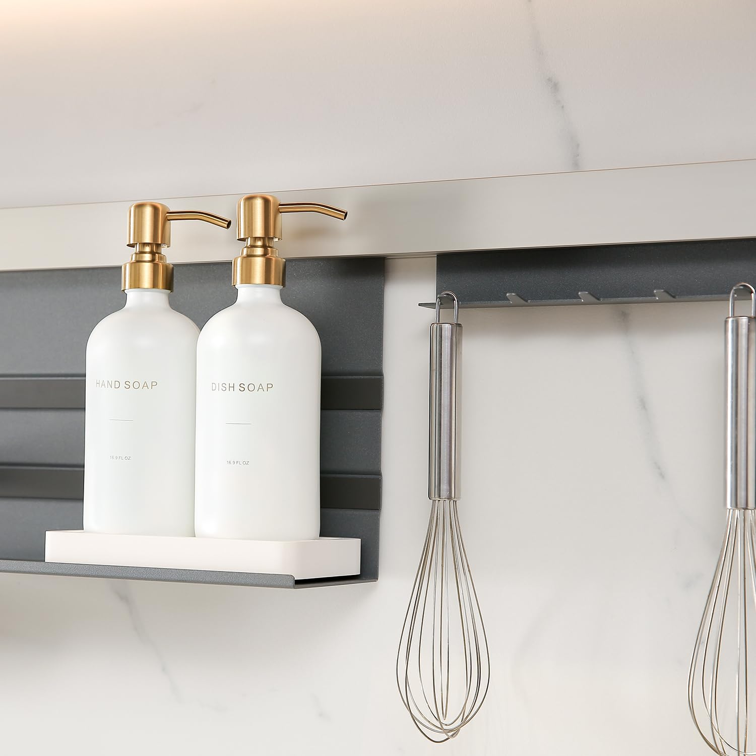 Prus Waso Gold Soap Dispenser Set, Glass Soap Dispenser with Stainless Steel Pump, Perfect for Modern Kitchen Counter Decor. (Gold)