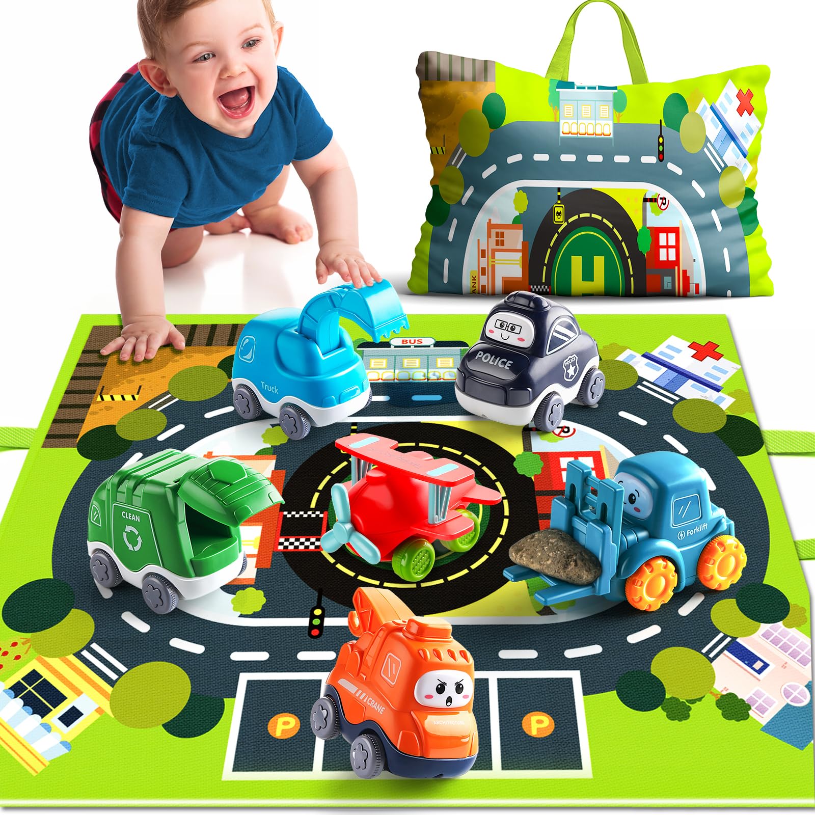 Big Cartoon Truck Car Toys for 1 Year Old Boy with Playmat/Storage Bag|Baby and Toddler Toys 12-18 Months & Age 1-2|1st Birthday Gift for 1 2 Year Old Boy, Easter Basket Stuffers