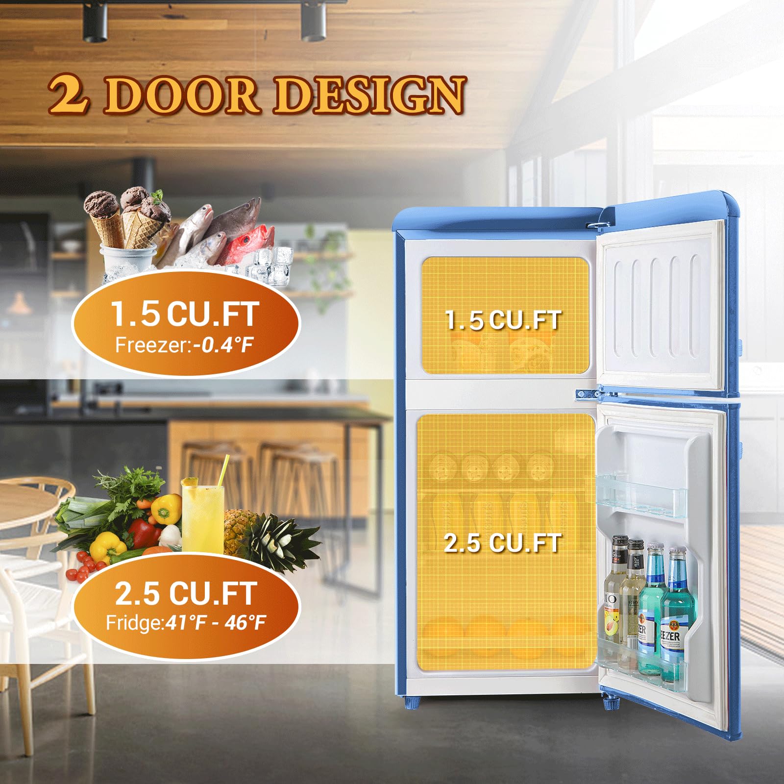 OOTDAY Retro Mini Refrigerator, 4 Cu. Ft. Small Fridge with Freezer, 2-Door Retro Compact Refrigerator with Adjustable Thermostat,Removable Shelves for Bedroom,Kitchen,Office,Dorm(Blue)