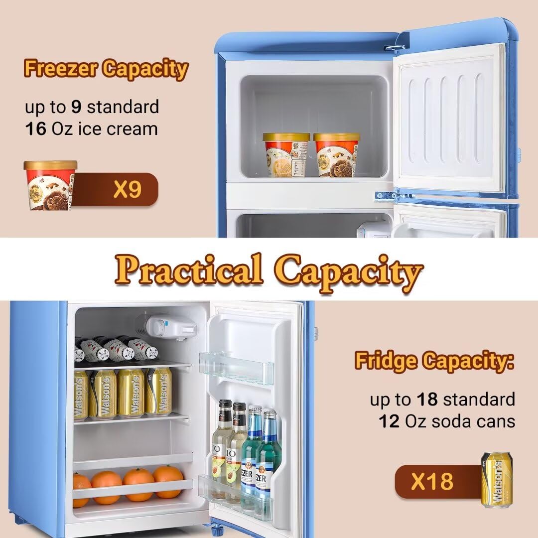 OOTDAY Retro Mini Refrigerator, 4 Cu. Ft. Small Fridge with Freezer, 2-Door Retro Compact Refrigerator with Adjustable Thermostat,Removable Shelves for Bedroom,Kitchen,Office,Dorm(Blue)