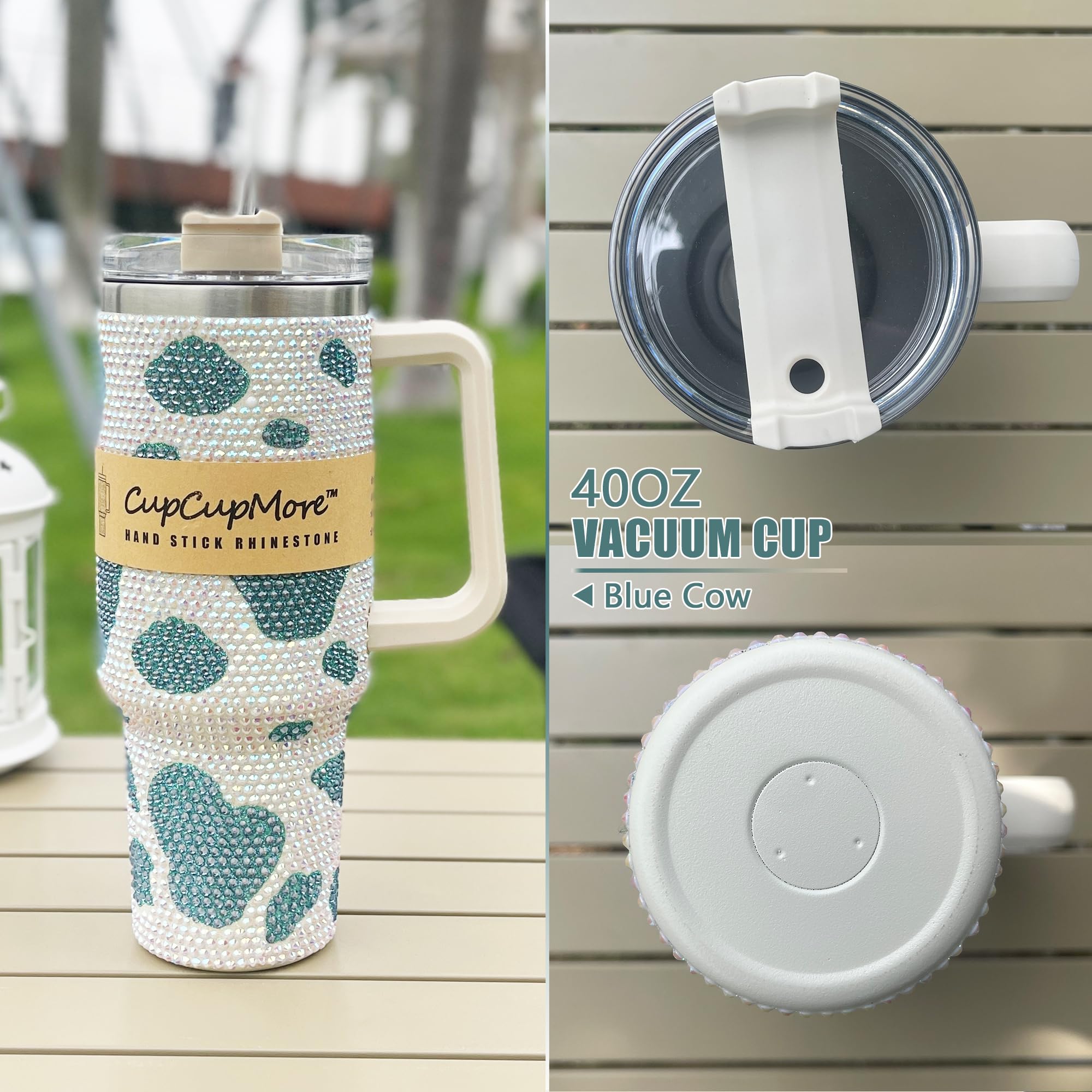 Cupcupmore 40oz Blue Cow Bling Rhinestone Stainless Steel Sippy Tumbler Glitter Vacuum Insulated Water Bottle with Straw & Lid & Handle,Thermos for Hot & Cold Drinks,Car Cup Holder