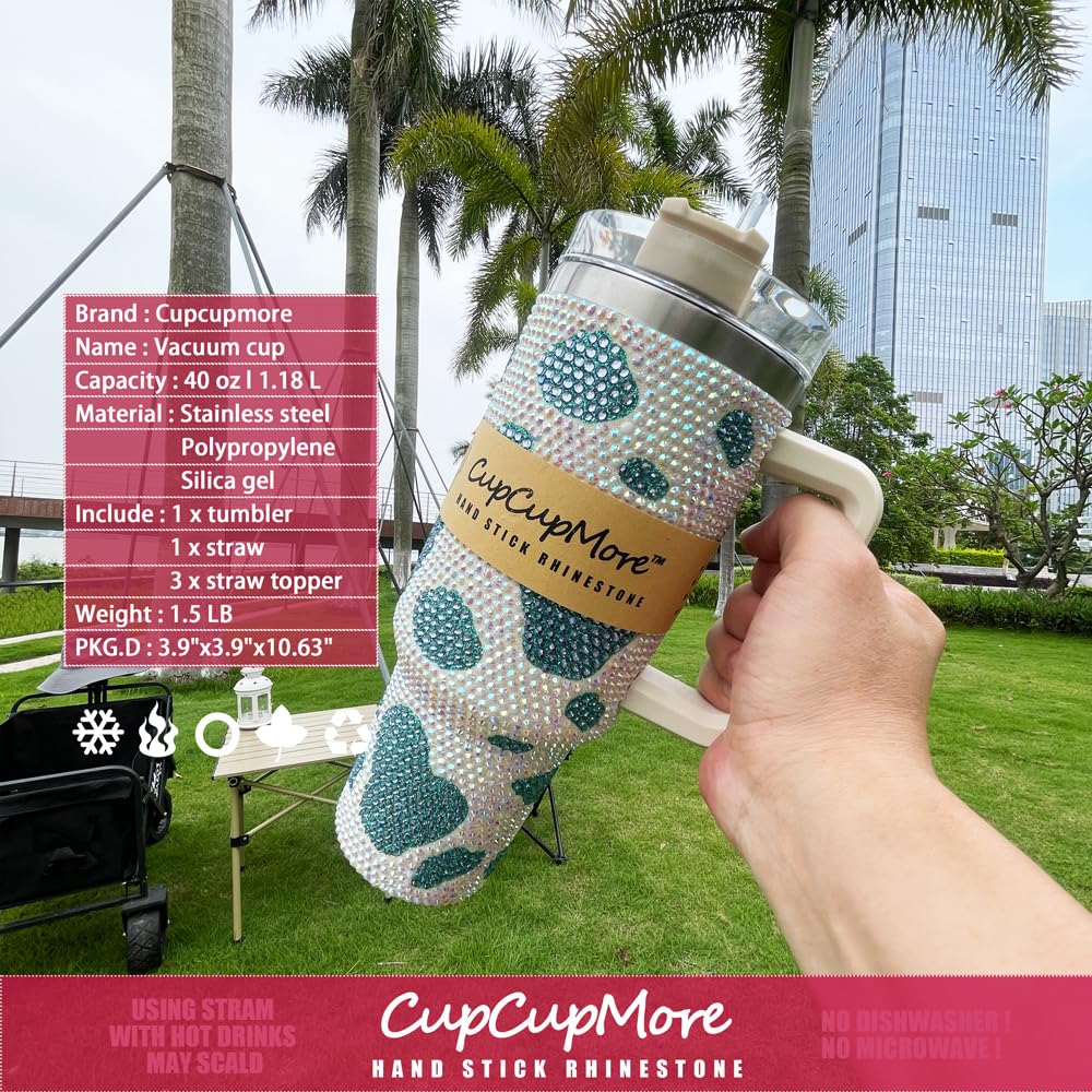 Cupcupmore 40oz Blue Cow Bling Rhinestone Stainless Steel Sippy Tumbler Glitter Vacuum Insulated Water Bottle with Straw & Lid & Handle,Thermos for Hot & Cold Drinks,Car Cup Holder