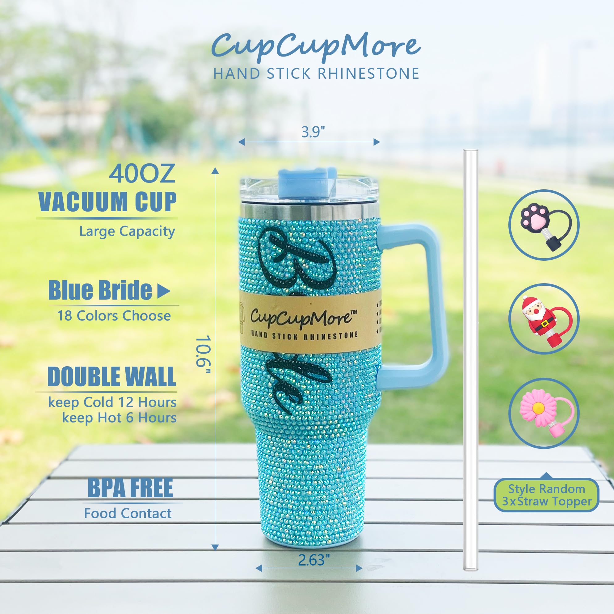 Cupcupmore 40oz Print Bling Rhinestone Stainless Steel Sippy Tumbler Glitter Vacuum Insulated Water Bottle with Straw & Lid &Handle,Thermos for Hot & Cold Drinks,Car Cup Holder (Bride Blue, 40 oz)